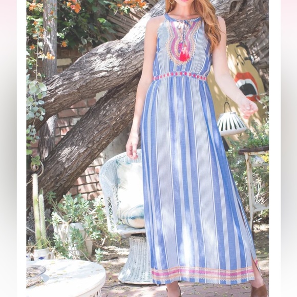THML | Dresses | Thml Blue White Striped Embroidered Maxi Dresss | Poshmark